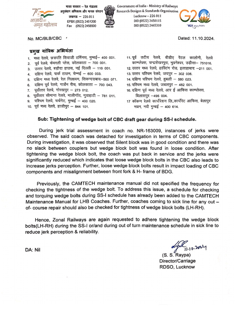 Tightening of wedge bolt of CBC draft gear during SS-I schedule | PDF