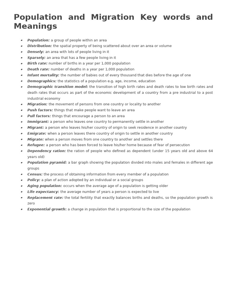 Population and Migration Key Words | PDF