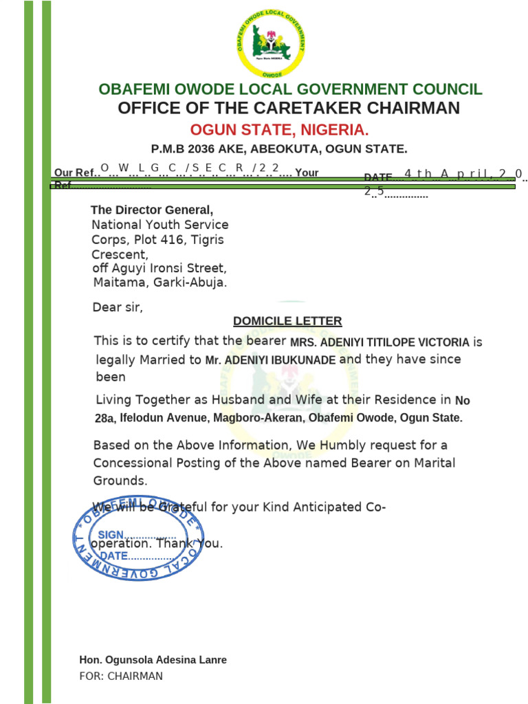 Adeniyi Domicile Letter | PDF
