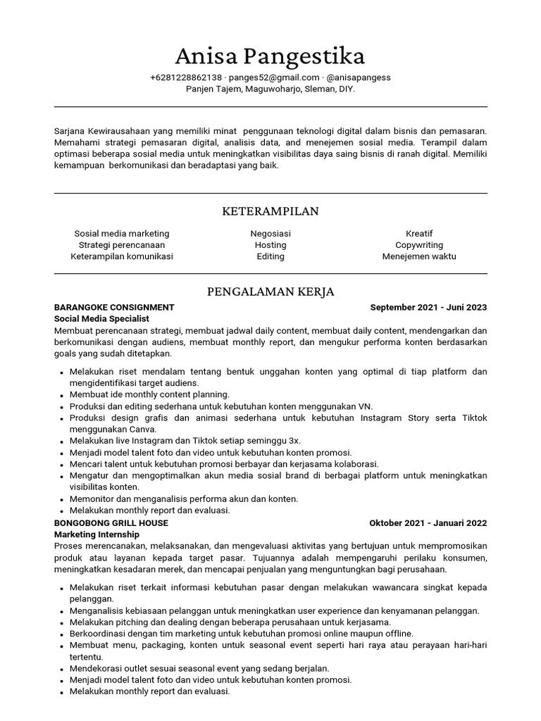 CV - Anisa Pangestika | PDF
