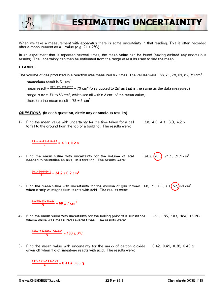 Chemsheets GCSE 1114 Estimating Uncertainty ANS Kkshy | PDF | Chemical ...