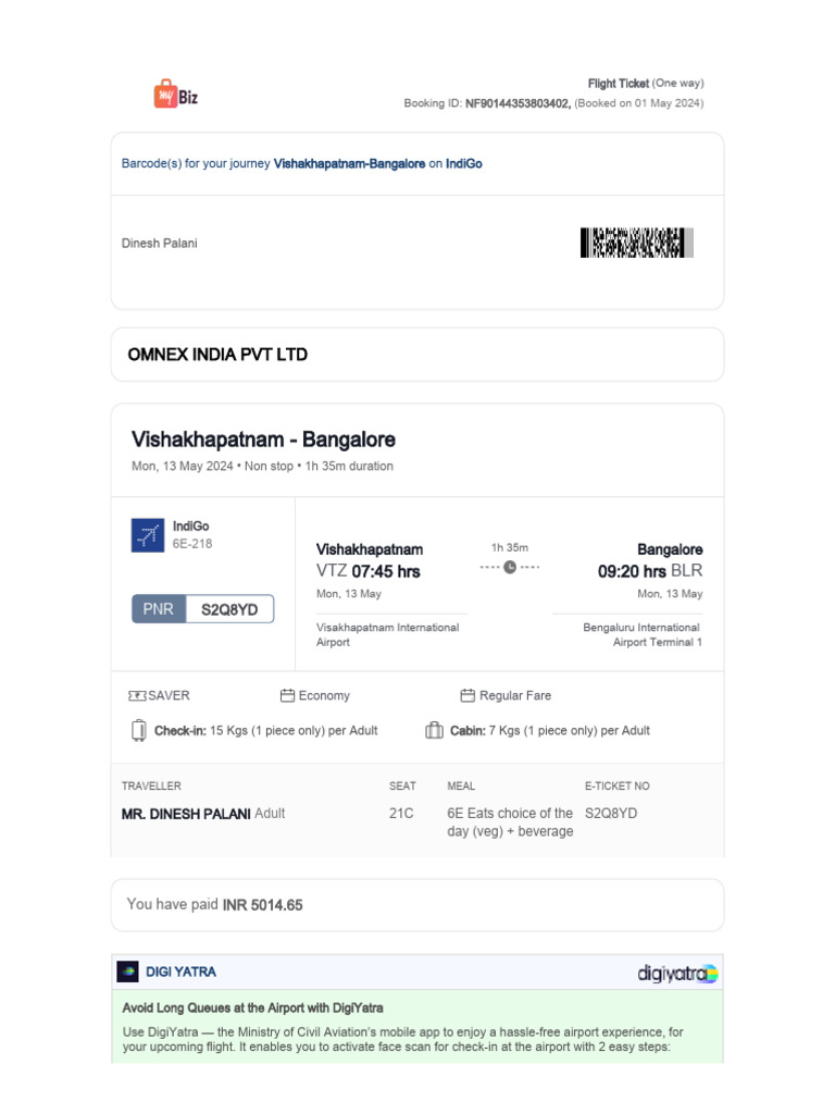 Digi Yatra Flight Info for Dinesh Palani | PDF | Transport | Aviation
