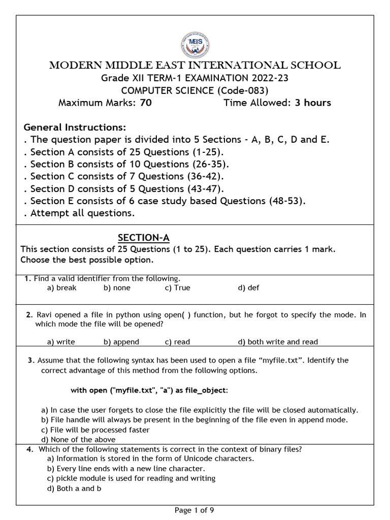 GRADE 12 PREBOARD-1(Term-1) Computer Science | PDF | Parameter (Computer Programming) | Text File