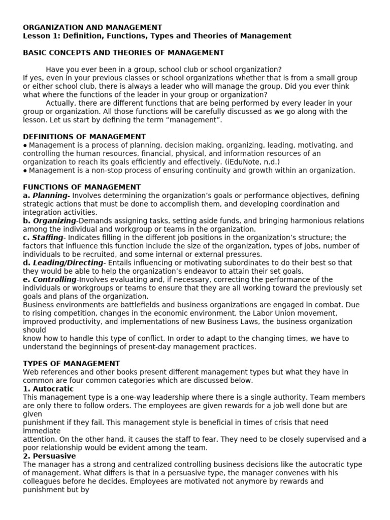 Lesson 1 Organization and Management Handout | PDF | Social Psychology ...