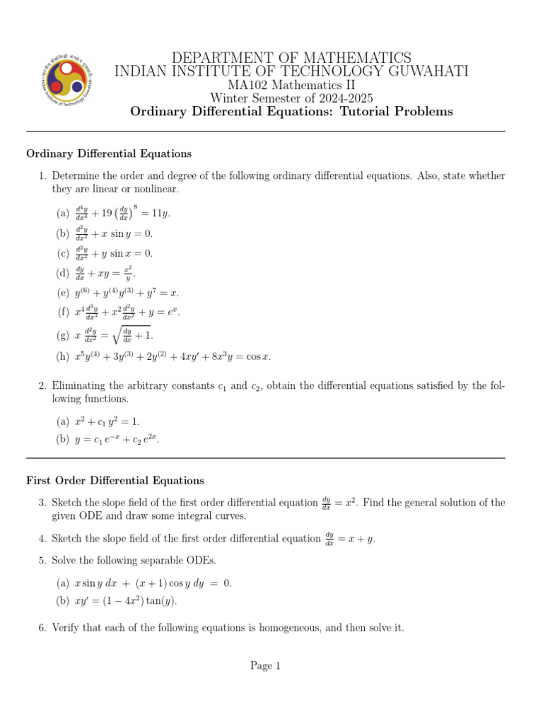 MA102 2025 ODE Tutorials | PDF | Ordinary Differential Equation | Equations