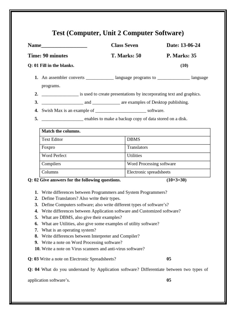Test Computer Class 7 Unit 2 | PDF