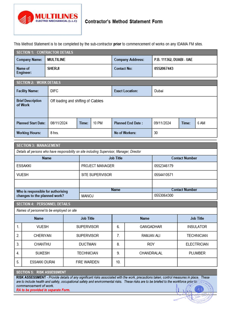 Method Statement (Contractors) (FORK LIFT) CP | PDF | Risk | Forklift