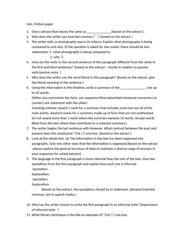 Non-Fiction and Fiction Analysis Questions | PDF | Ellipsis | Sentence ...