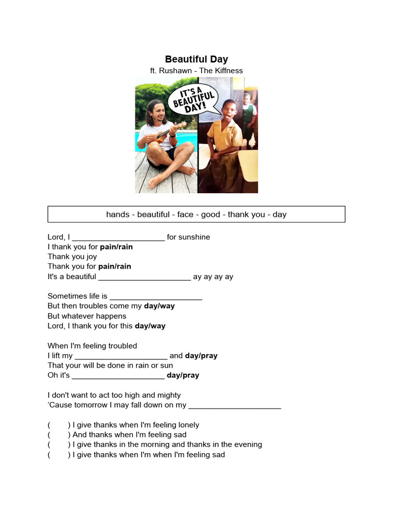 Beautiful Day - Song Exercise + Answerkey + Lyrics | PDF