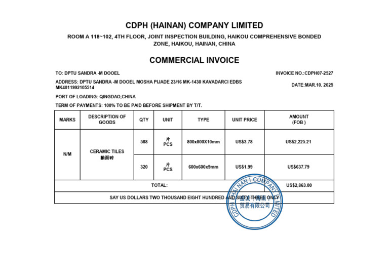 CDPH Tiles Commercial Invoice (2025!03!10 01-24-47) | PDF