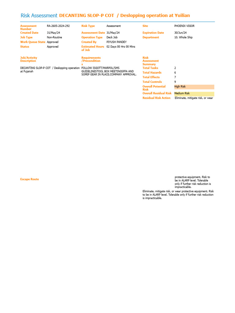 DECANTING SLOP-P COT Deslopping Operation at Yuilian | PDF | Risk | Oil ...