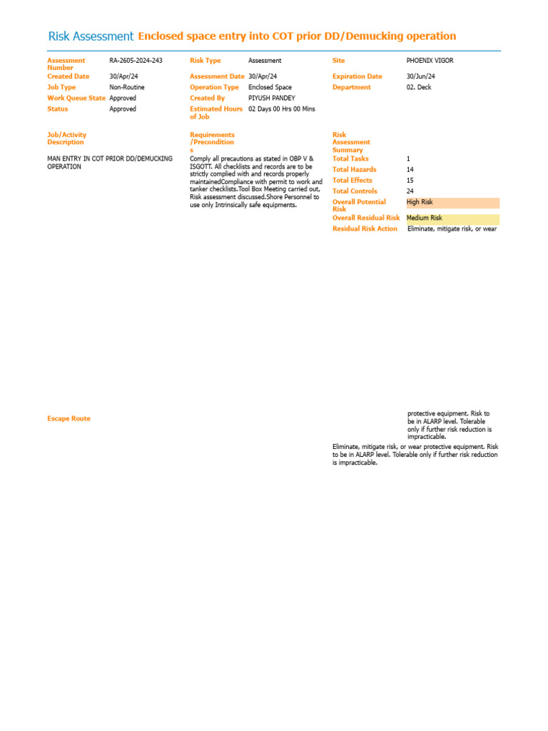 Enclosed Space Entry Into COT Prior DD Demucking Operation | PDF | Risk ...