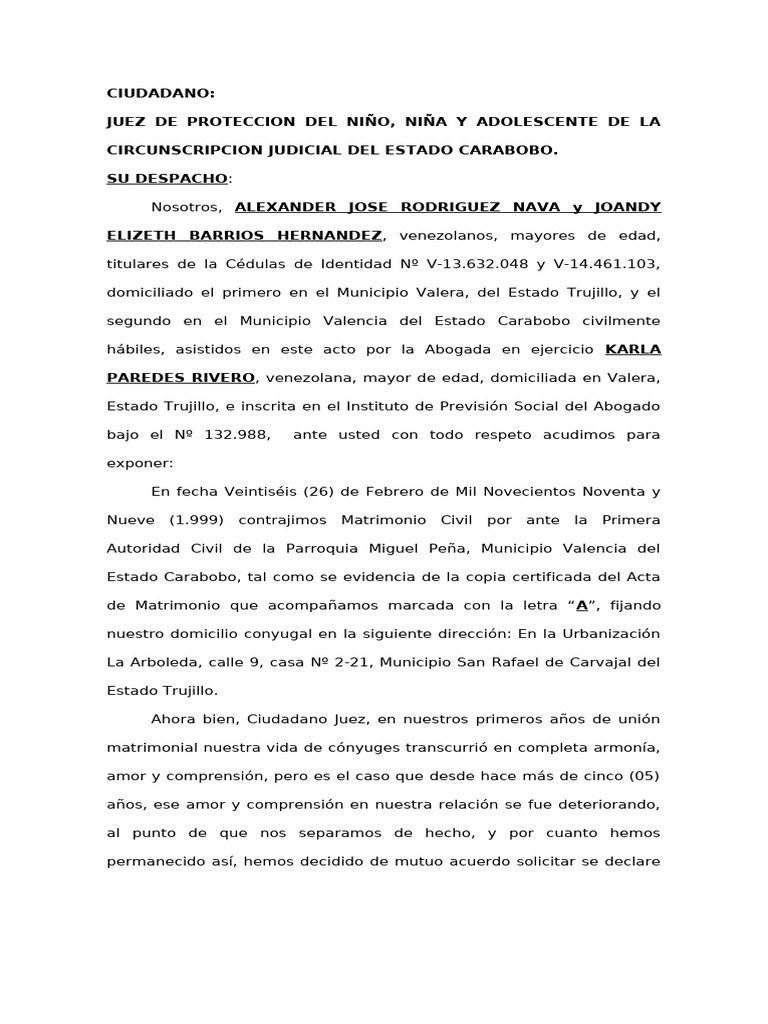 Solicitud de Disolución Matrimonial en Carabobo | PDF | Matrimonio ...