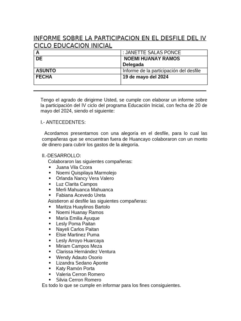 Informe de La Participacion en El Desfile | PDF