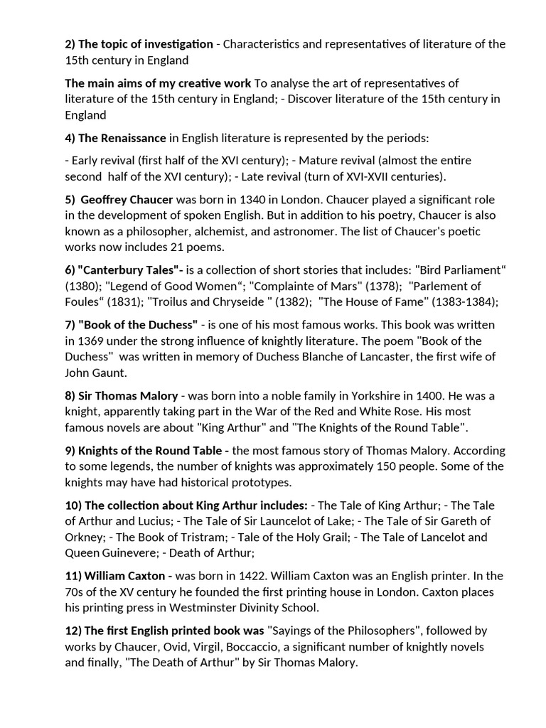 Characteristics and Representatives of Literature of The 15th Century ...