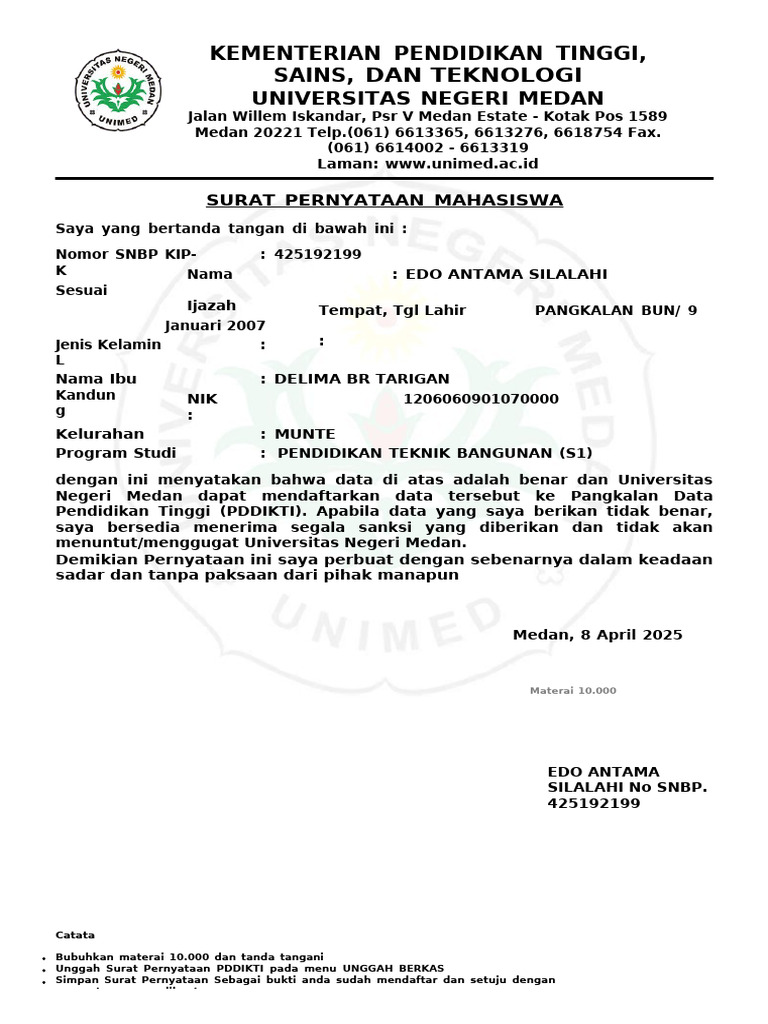 Surat Pernyataan PDDIKTI | PDF