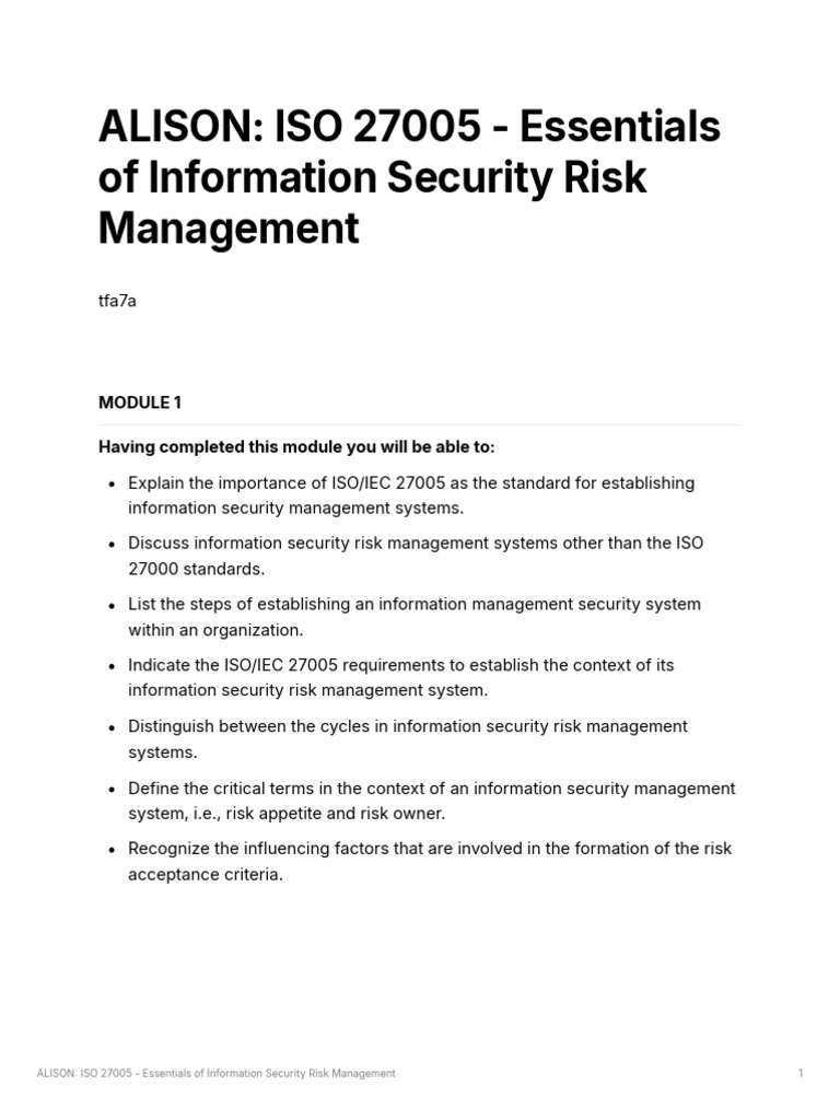 Alison Iso27005 | PDF | Risk | Information Security