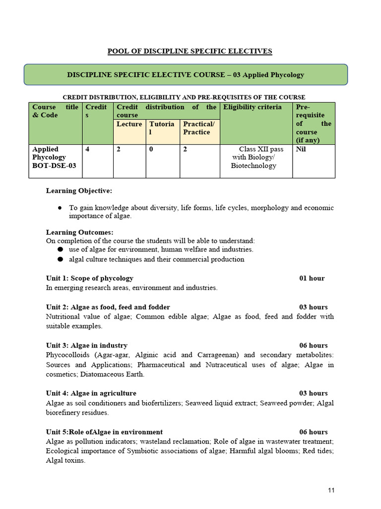Applied Phycology - Botany - DSE Syllabus | PDF | Algae | Seaweed