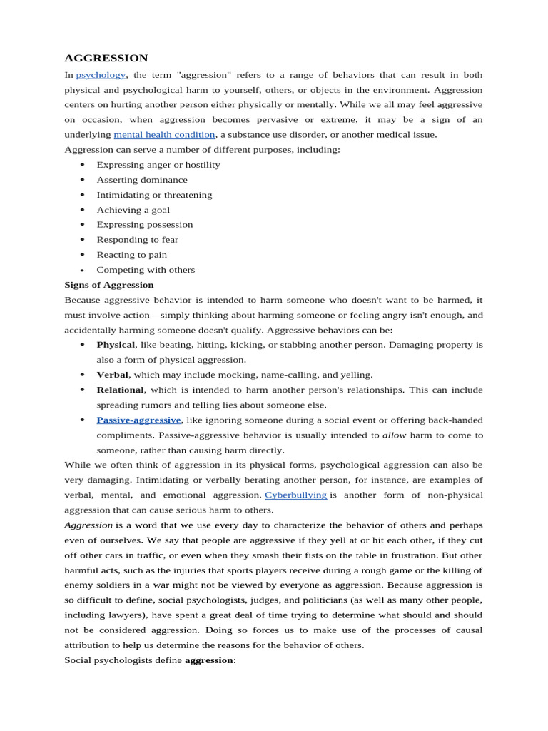 AGGRESSION, types,causes and prevention | PDF | Aggression | Violence