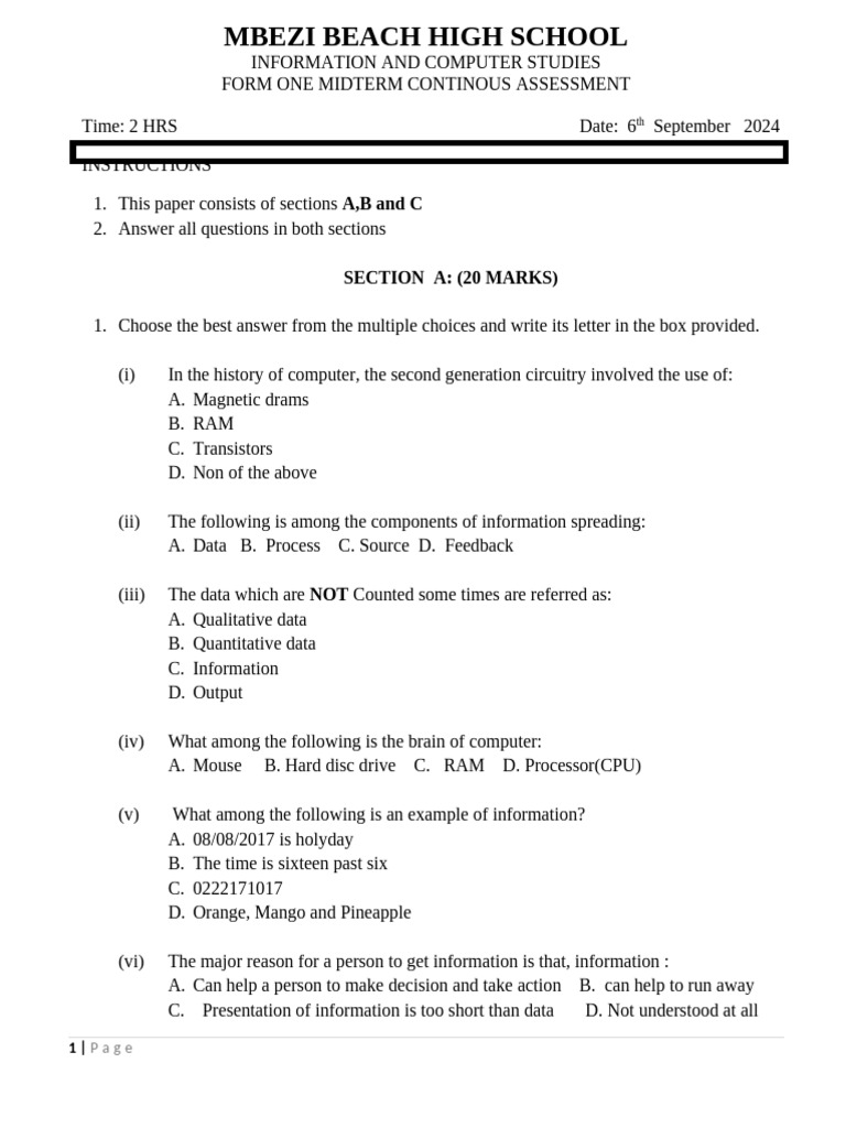 f1 - Form One ICT Sept-2024 | PDF | Random Access Memory | Computer ...