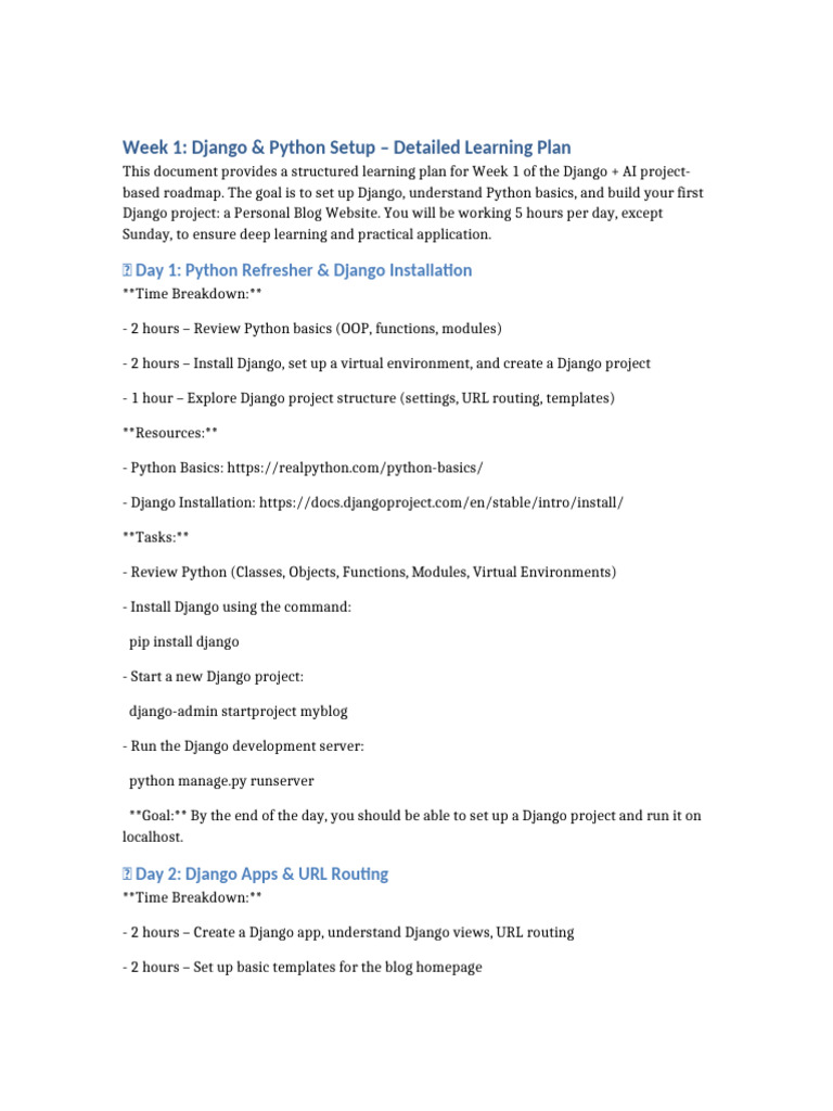 Django Week1 Detailed Plan | PDF | Python (Programming Language) | Databases