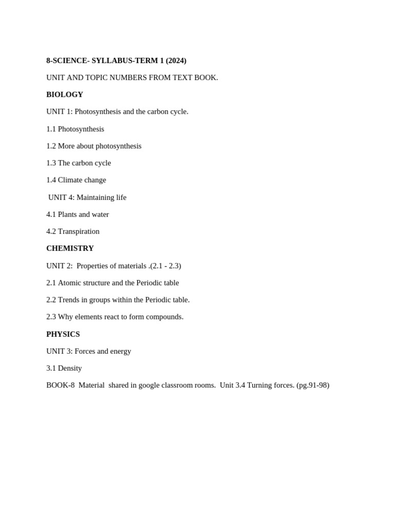 8-Science - Syllabus-Term1 (2024) | PDF
