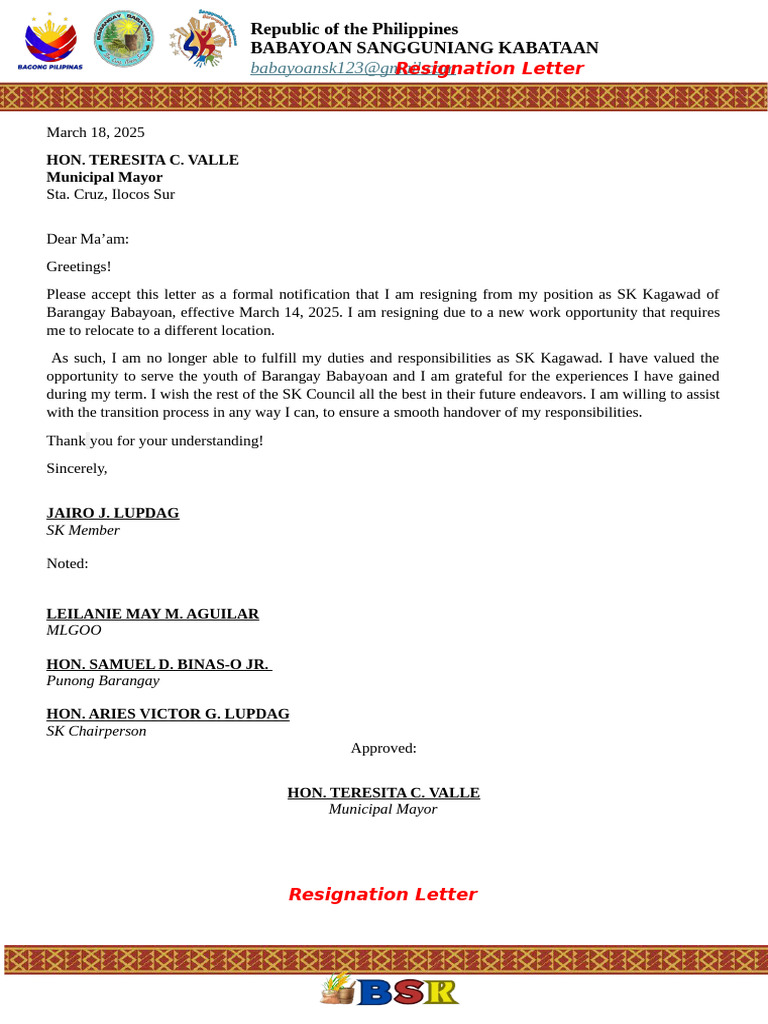 SK Kagawad Resignation Letter Samples | PDF