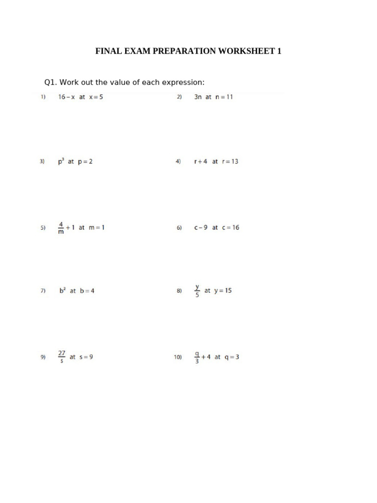 Final Exam Preparation Worksheet | PDF