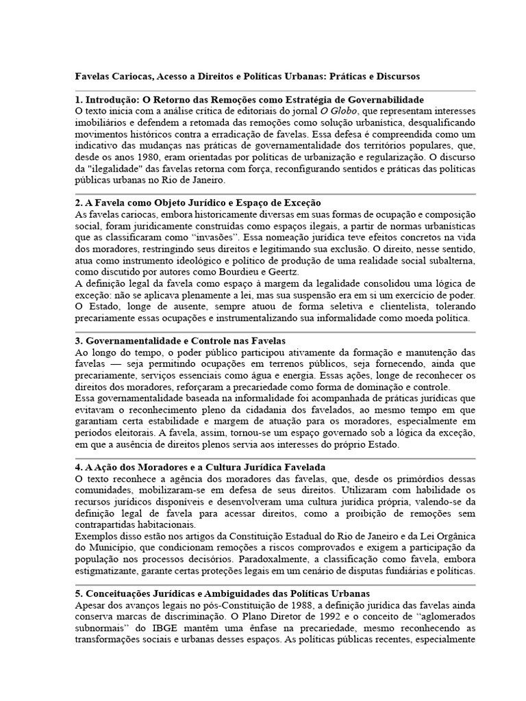 Favelas Cariocas, Acesso A Direitos e Políticas Urbanas | PDF | Favela | Estado