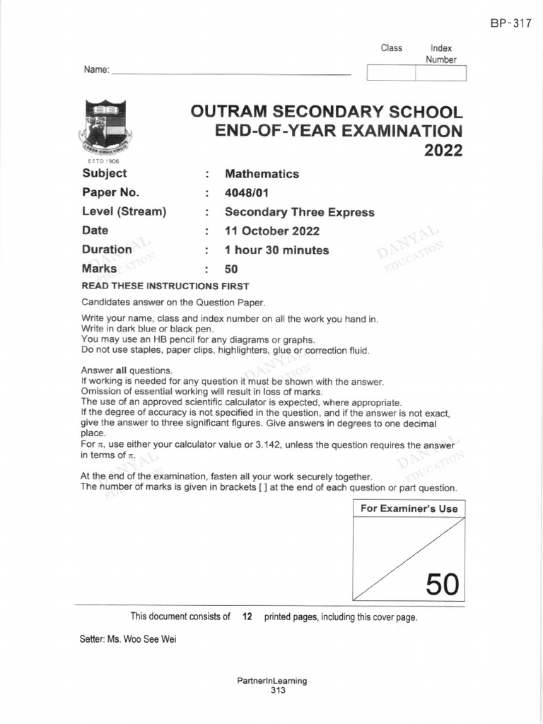 Outram Secondary E Math Sec 3 Group 3 EOY 2022 | PDF | Mathematics