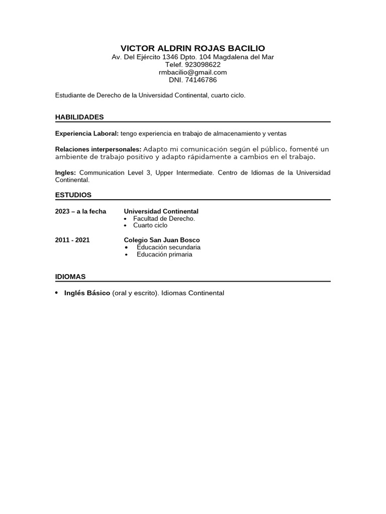 Victor Aldrin Rojas Bacilio: Habilidades | PDF