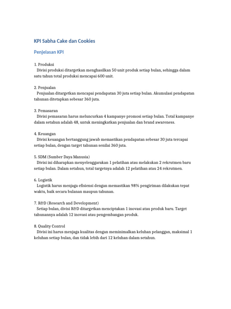 KPI Sabha Cake Dan Cookies Penjelasan | PDF