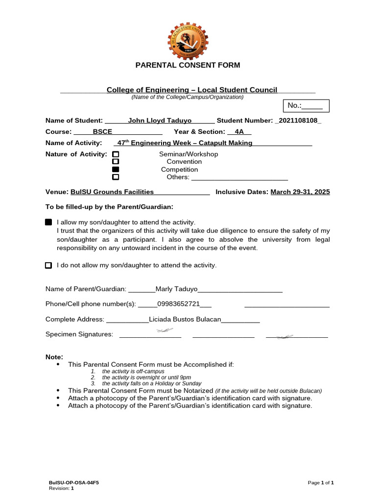 Catapult Making - BULSU-PARENTAL-CONSENT-FORM | PDF