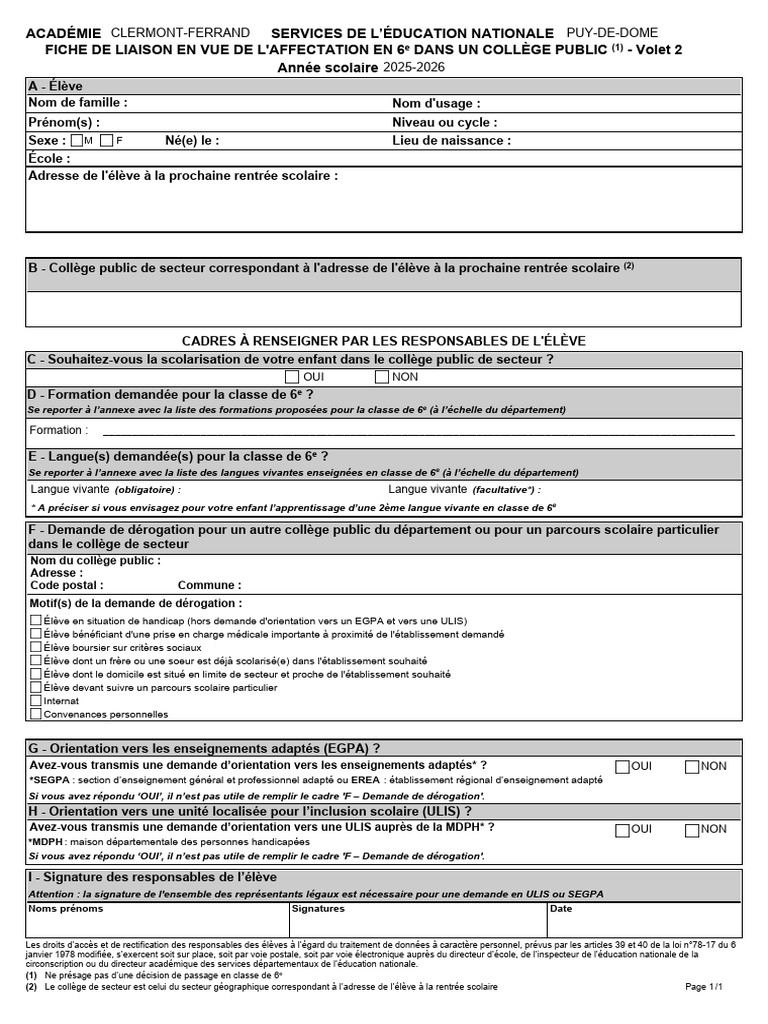 Fiche d'Affectation Collège 6e 2025-2026 | PDF