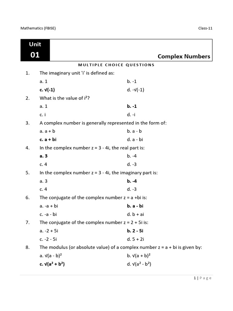 Unit-01: Complex Numbers - MCQs | PDF | Complex Number | Coordinate System