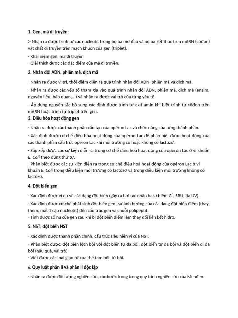 Đề Cương Ôn Thi GK1 Sinh 12 | PDF