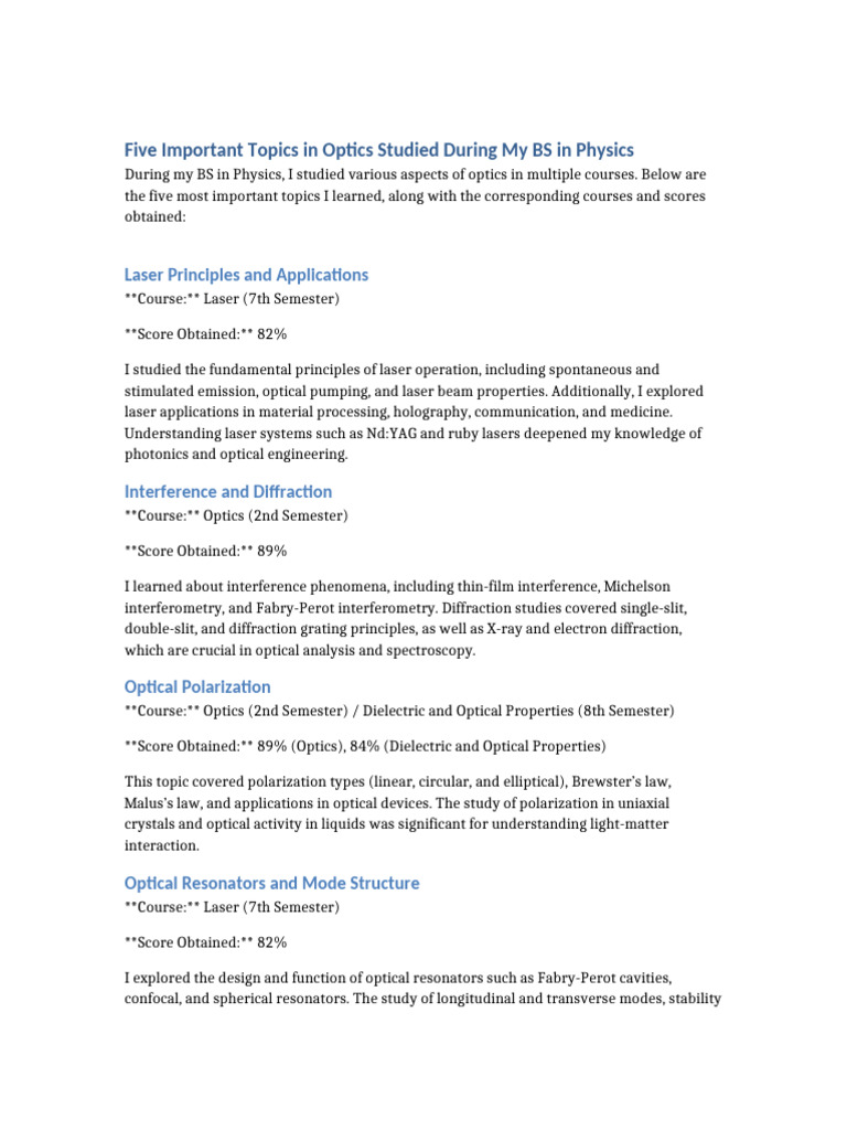 Key Optics Topics from BS in Physics | PDF | Optics | Laser