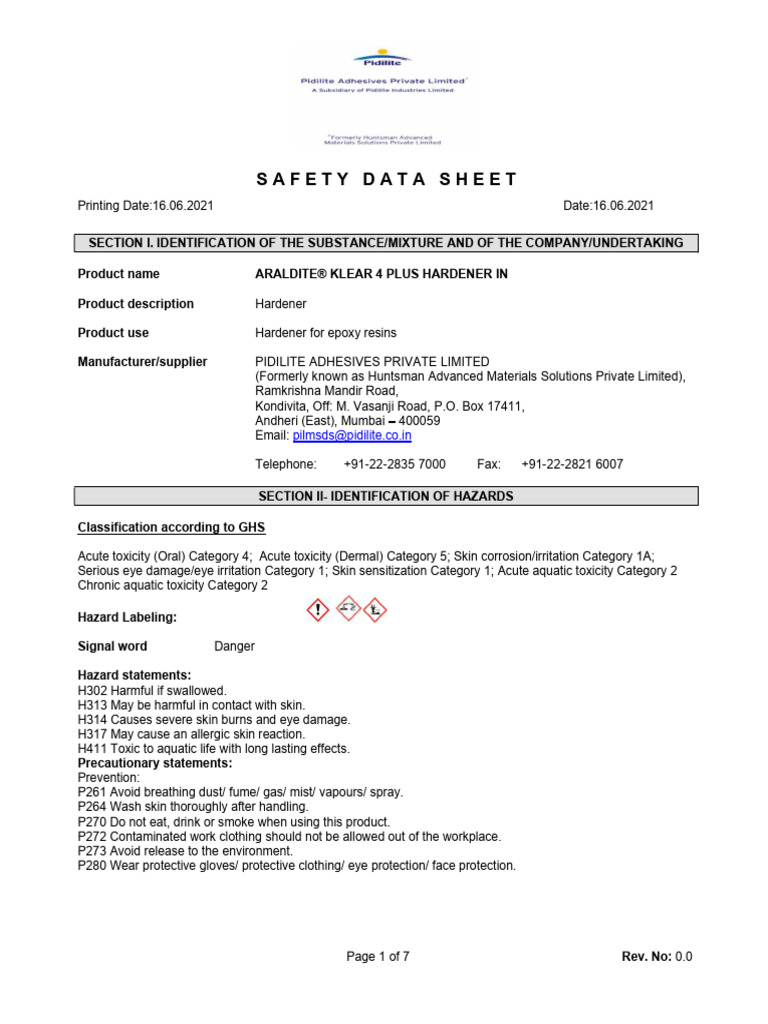 Chml-00520 - Msds Araldite Klear 4 Plus Hardener Jun 2021 | PDF | Toxicity | Firefighting