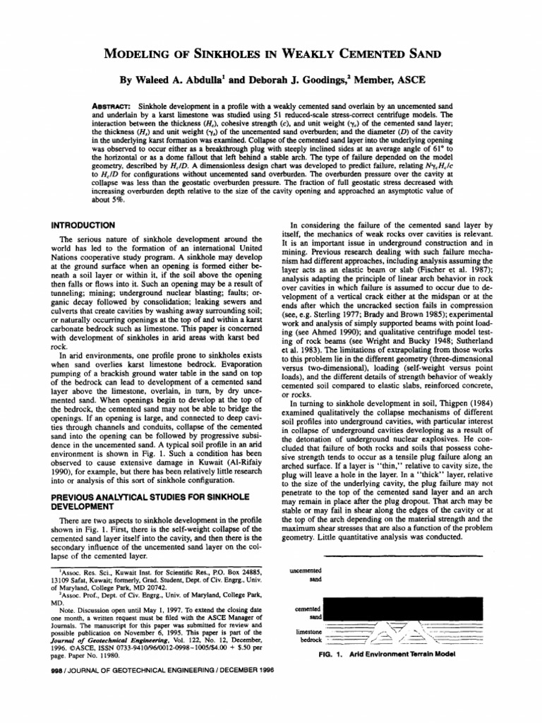 Modelling of Sinkholes in Weakly Cemented Sand Abdulla1996 | PDF ...