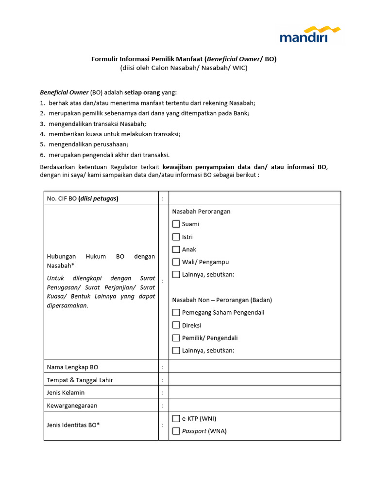 Formulir Data Pemilik Manfaat BO | PDF