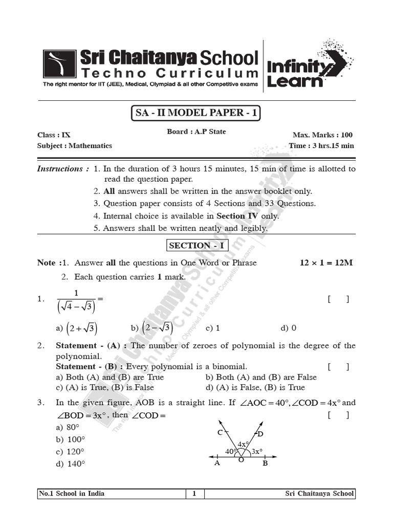 IX Maths Model Paper - Sri Chaitanya School | PDF | Elementary Geometry ...