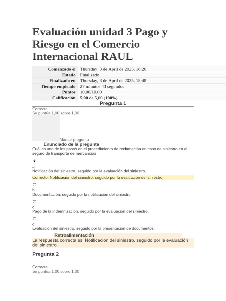Evaluación Unidad 3 Pago y Riesgo en El Comercio Internacional RAUL | PDF | Póliza de seguros ...