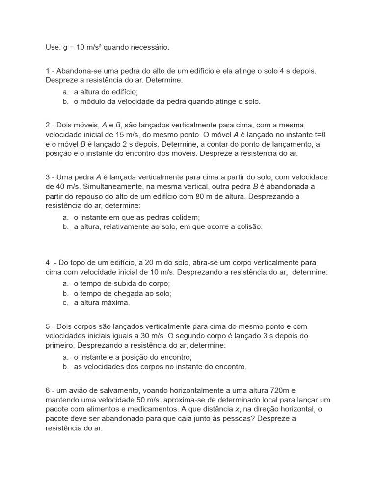 Problemas de Queda Livre e Lançamentos Verticais | PDF | Cinemática ...