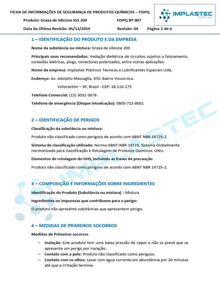 FISPQ Graxa de Silicone IGS 200 | PDF | Temperatura | Química