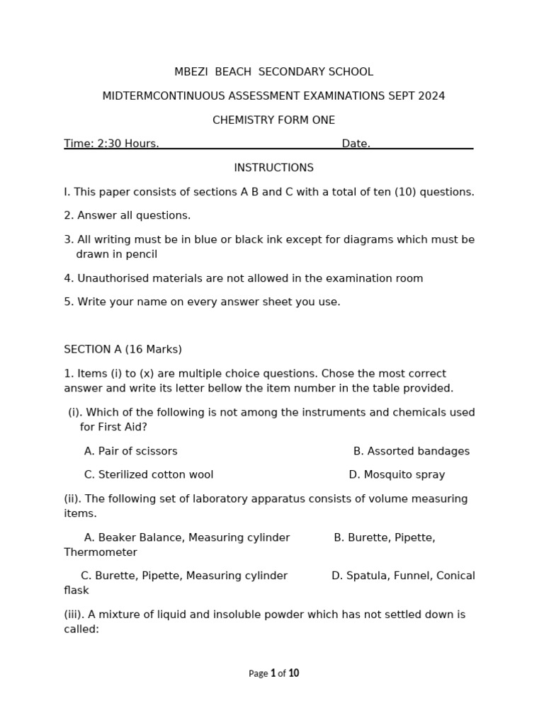 Chemistry Midterm Exam Form One | PDF | Chemistry | Chemical Substances