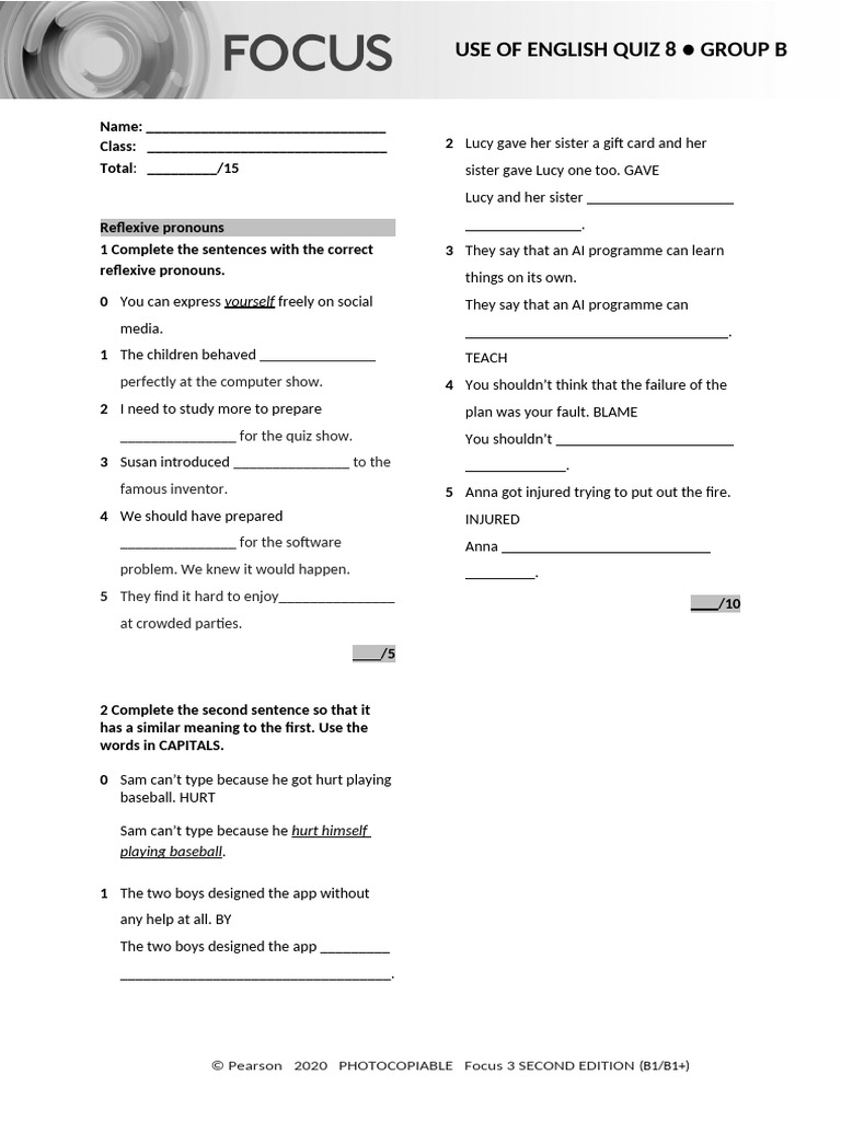 Focus3 2E UoE Quiz Unit8 GroupB | PDF