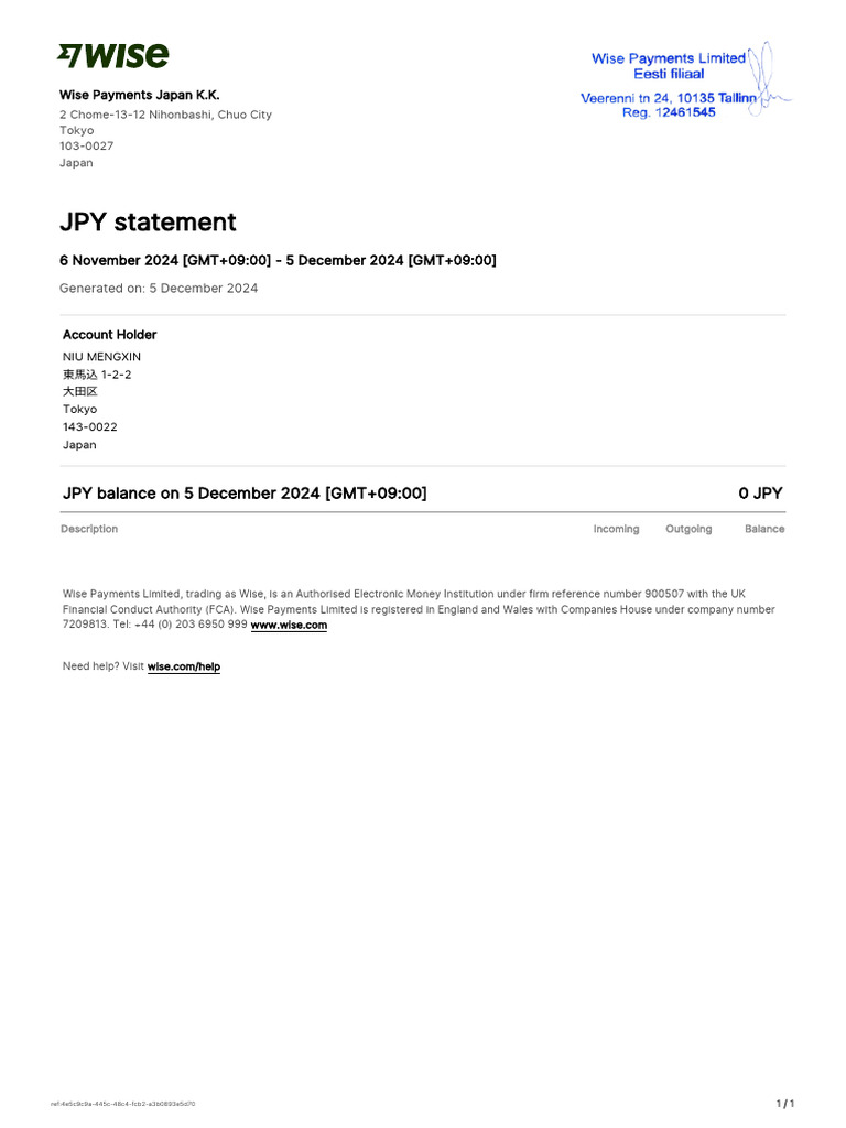 Wise Payments Japan Account Statement | PDF