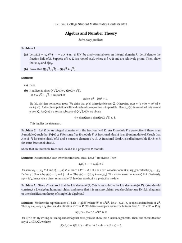 Algebra and Numbertheory 22s Soln | PDF | Field (Mathematics) | Lie Algebra