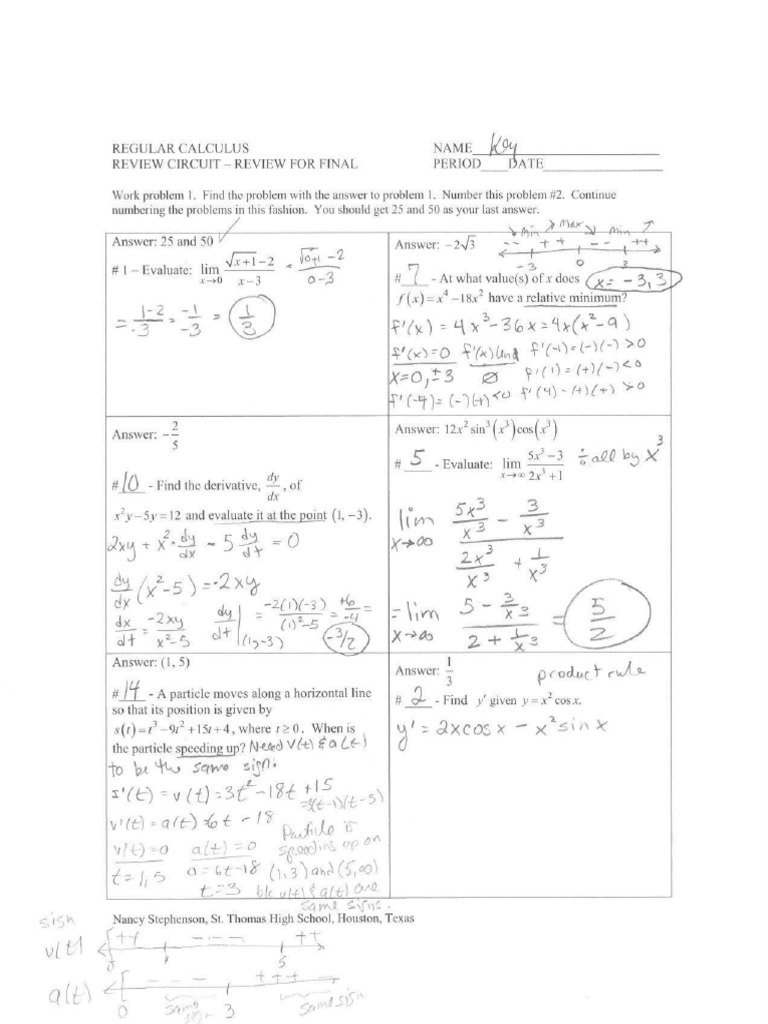 AP Calc - Review Circuit For First Semester KEY CHS | PDF