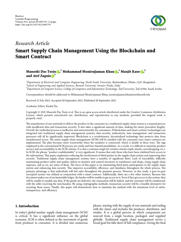 Scientific Programming - 2021 - Turjo - Smart Supply Chain Management Using The Blockchain and ...